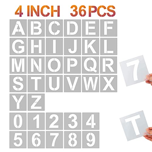 4 Inch Letter Stencils and Numbers, 36 Pcs Alphabet Art Craft Stencils, Reusable Plastic Art Craft Stencils for Wood, Wall, Fabric, Rock, Signage(4 Inch)