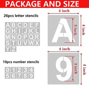 4 Inch Letter Stencils and Numbers, 36 Pcs Alphabet Art Craft Stencils, Reusable Plastic Art Craft Stencils for Wood, Wall, Fabric, Rock, Signage(4 Inch)