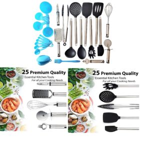 Kitchen Cooking Utensils Set Silicone with Stainless Steel handle Includes Cooking Spoon Spatula Tong Turner Whisk Ladle For Nonstick Cookware Dishwasher Safe BPA-Free