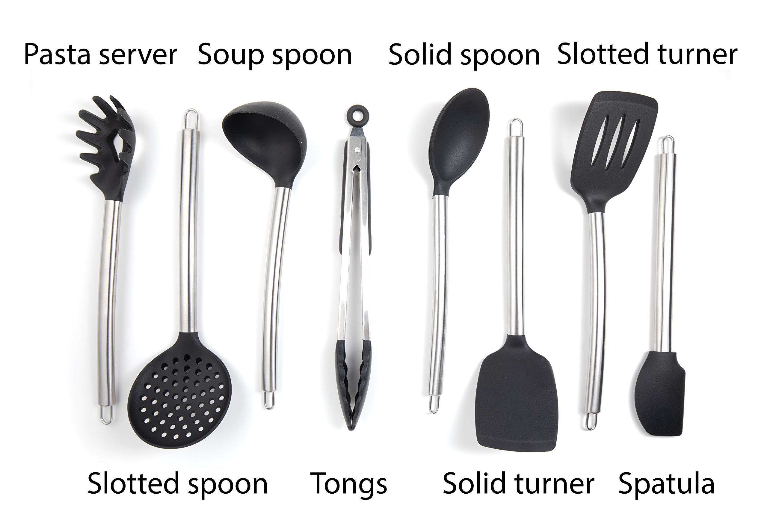 Kitchen Cooking Utensils Set Silicone with Stainless Steel handle Includes Cooking Spoon Spatula Tong Turner Whisk Ladle For Nonstick Cookware Dishwasher Safe BPA-Free