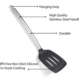 Kitchen Cooking Utensils Set Silicone with Stainless Steel handle Includes Cooking Spoon Spatula Tong Turner Whisk Ladle For Nonstick Cookware Dishwasher Safe BPA-Free