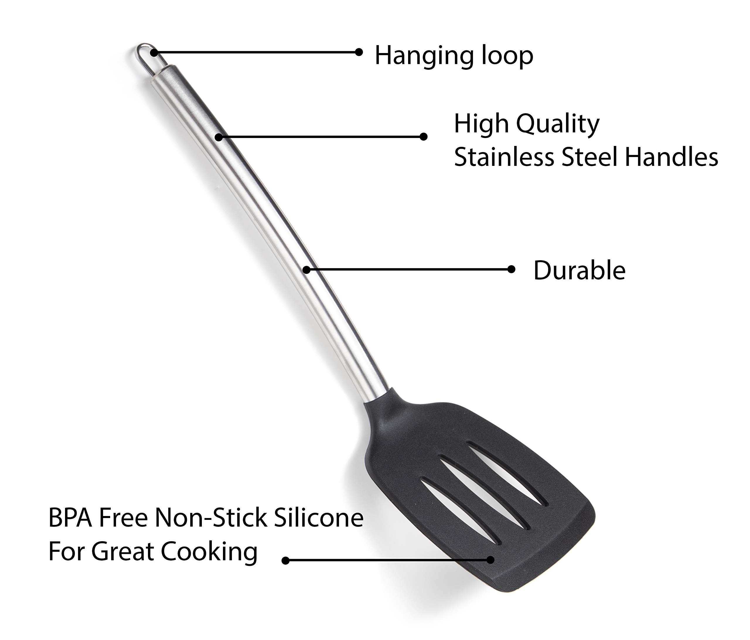 Kitchen Cooking Utensils Set Silicone with Stainless Steel handle Includes Cooking Spoon Spatula Tong Turner Whisk Ladle For Nonstick Cookware Dishwasher Safe BPA-Free