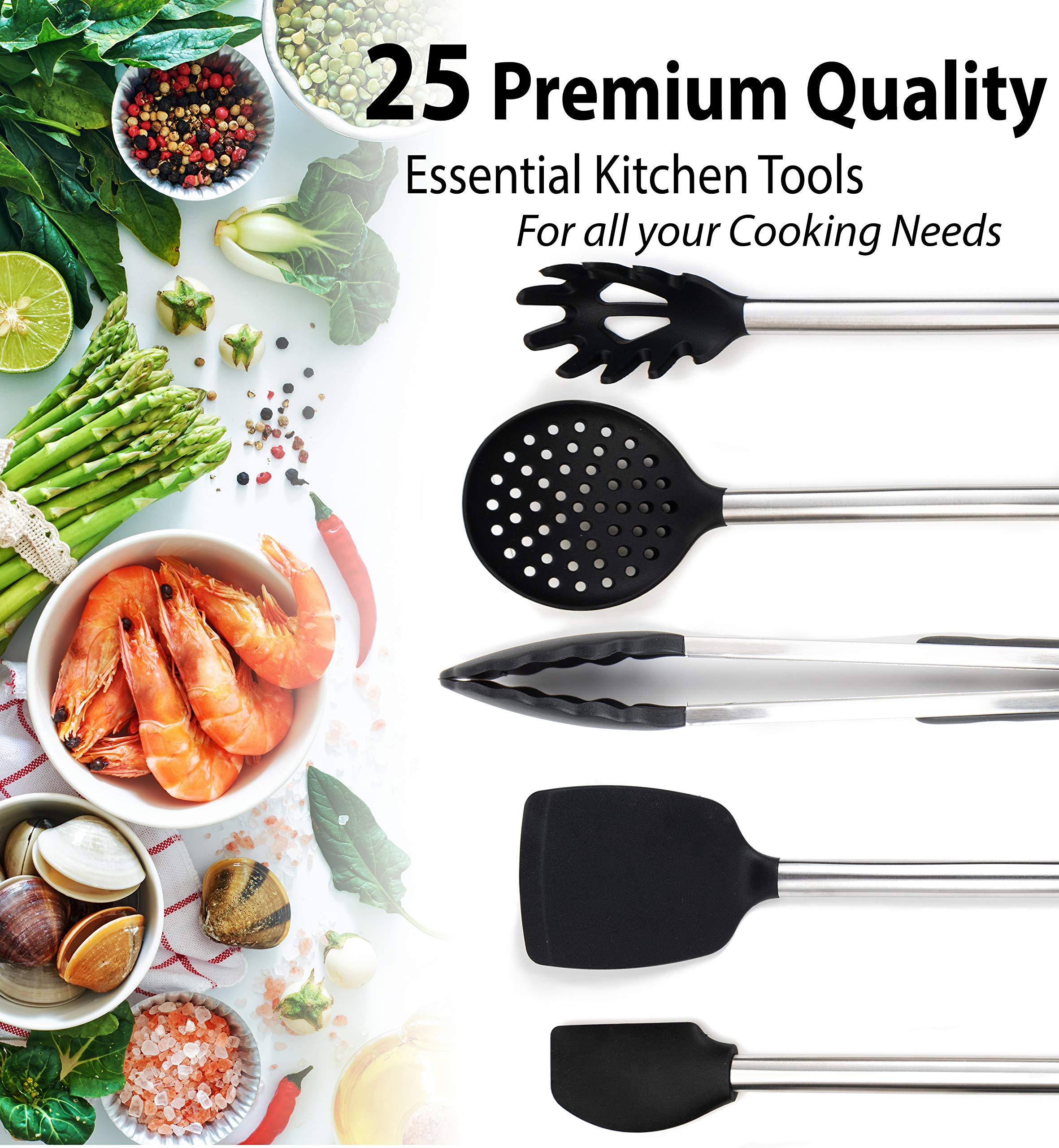 Kitchen Cooking Utensils Set Silicone with Stainless Steel handle Includes Cooking Spoon Spatula Tong Turner Whisk Ladle For Nonstick Cookware Dishwasher Safe BPA-Free