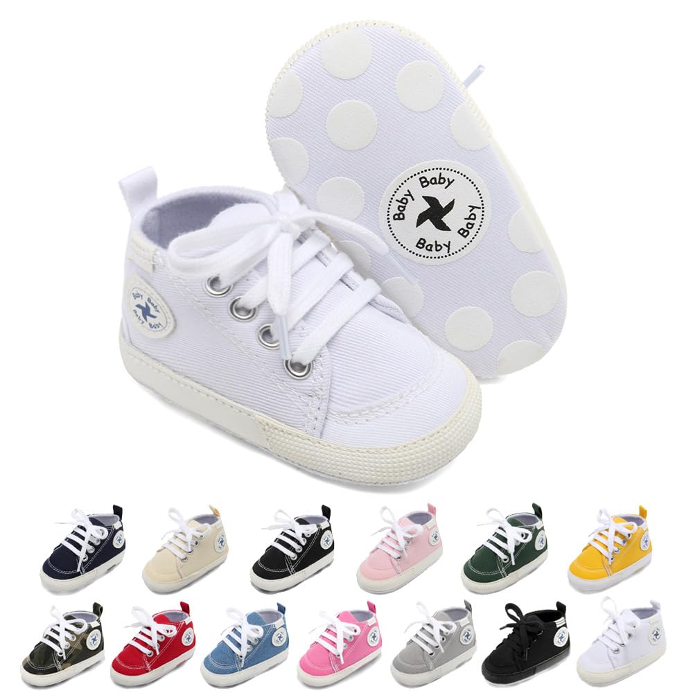 Baby Girls Boys Shoes Soft Anti-Slip Sole Newborn First Walkers Star High Top Canvas Denim Unisex Infant Sneaker (A01-White, 6-12 Months)