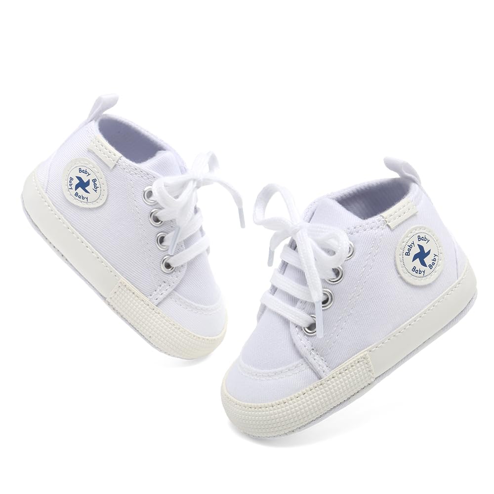 Baby Girls Boys Shoes Soft Anti-Slip Sole Newborn First Walkers Star High Top Canvas Denim Unisex Infant Sneaker (A01-White, 6-12 Months)