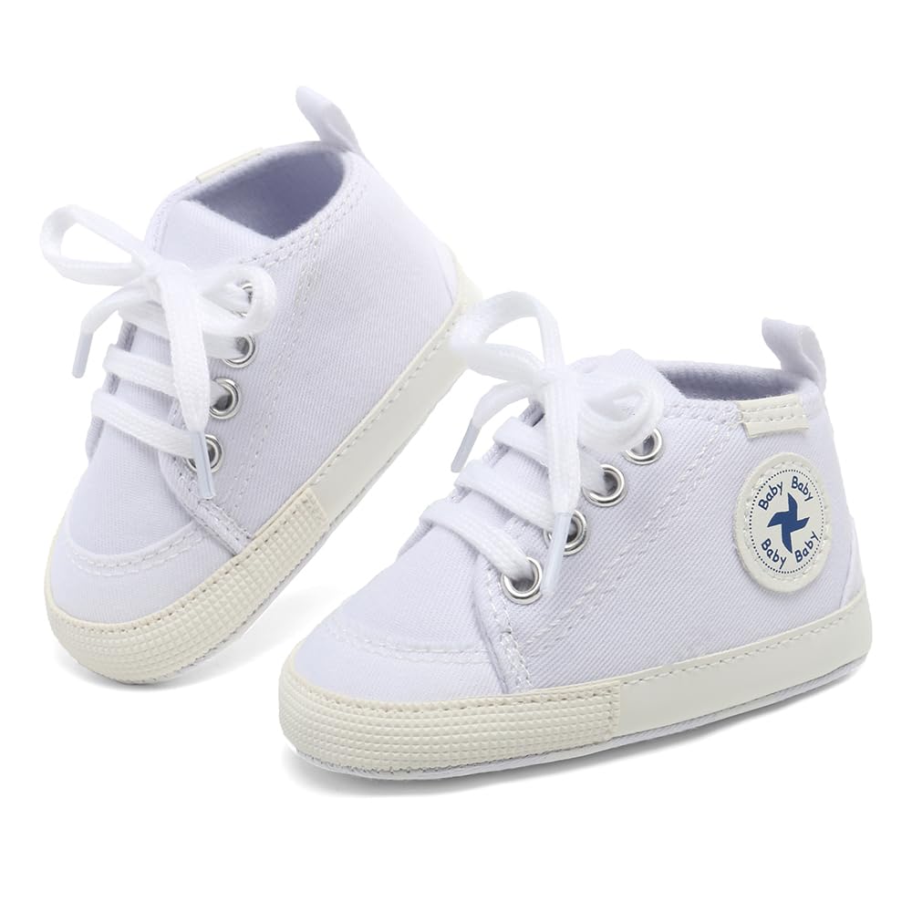 Baby Girls Boys Shoes Soft Anti-Slip Sole Newborn First Walkers Star High Top Canvas Denim Unisex Infant Sneaker (A01-White, 6-12 Months)