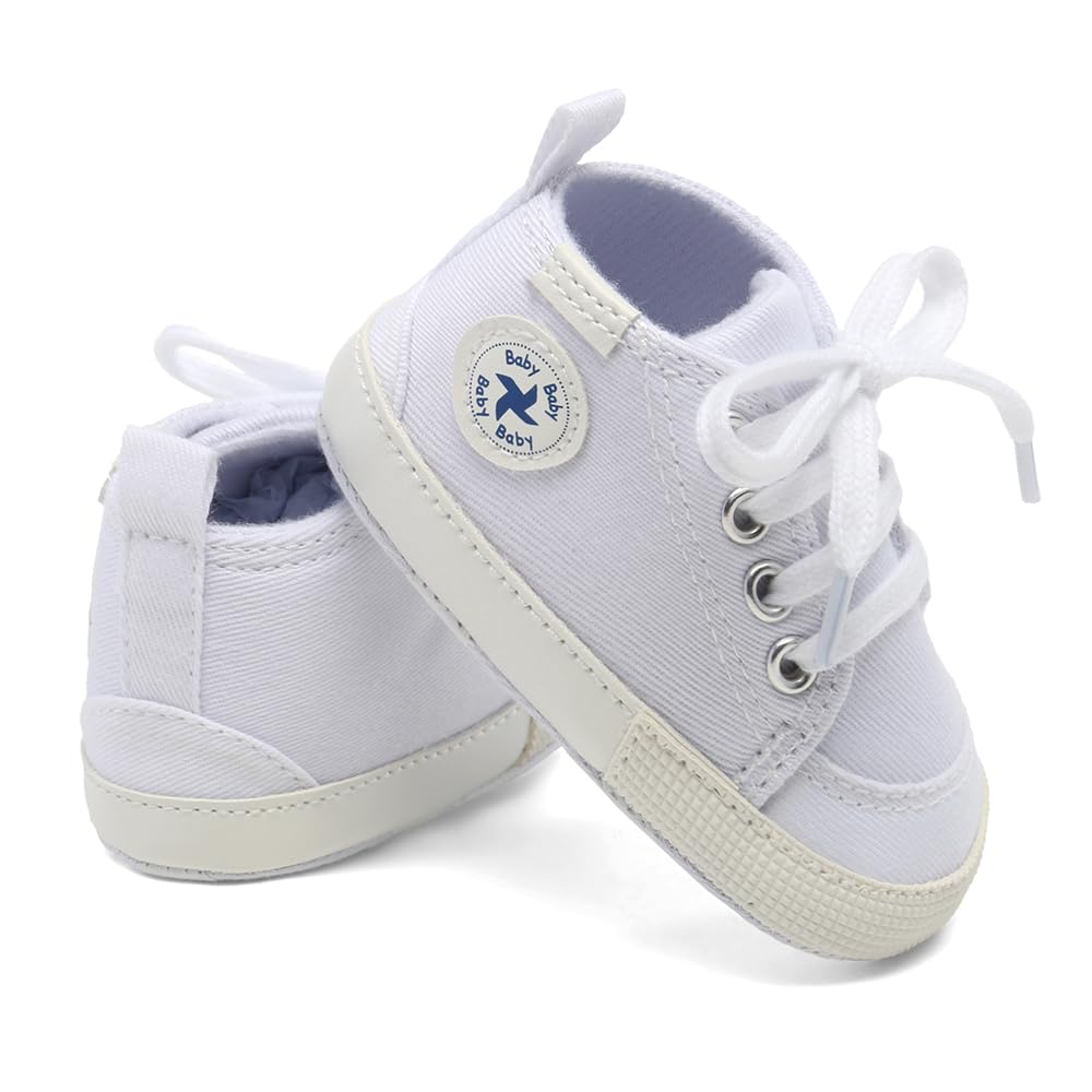 Baby Girls Boys Shoes Soft Anti-Slip Sole Newborn First Walkers Star High Top Canvas Denim Unisex Infant Sneaker (A01-White, 6-12 Months)