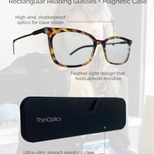 ThinOptics Unisex Adult Glasses Reading, Attachable Case / Rectangle Clear, 2.00 US