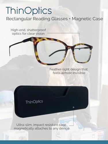 ThinOptics Unisex Adult Glasses Reading, Attachable Case / Rectangle Clear, 2.00 US