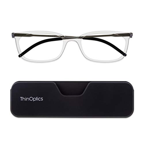 ThinOptics Unisex Adult Glasses Reading, Attachable Case / Rectangle Clear, 2.00 US