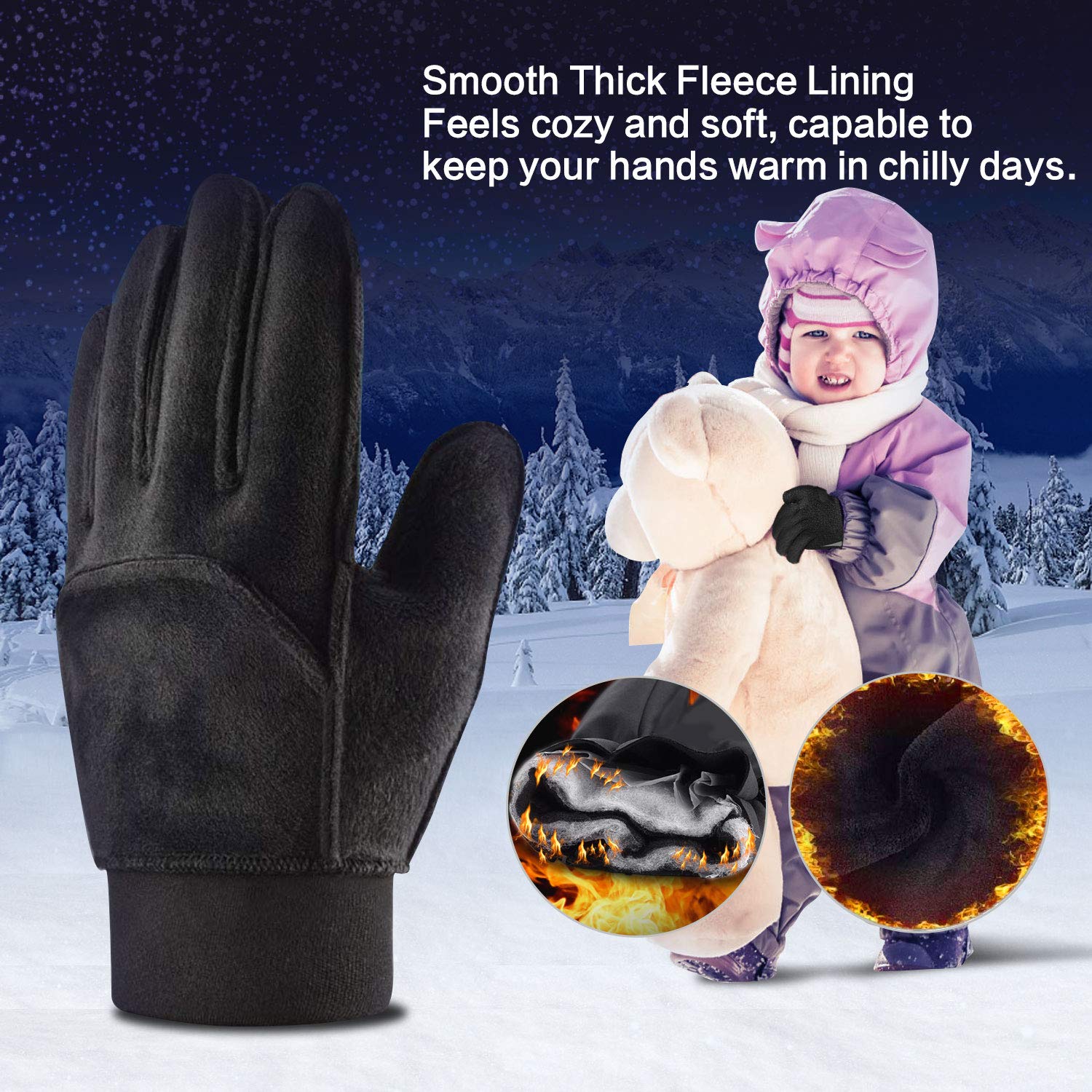 YukiniYa Kids Winter Gloves Back Water Resistant Touchscreen Warm Soft Lining Gloves for Boys Girls 3-15 Years Black