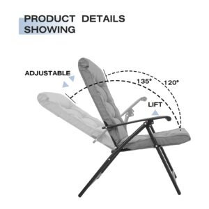 Omelaza 3 Pieces Patio Padded Folding Chair, Outdoor Adjustable Reclining Lounge Chairs with Tempered Glass Table (Grey)