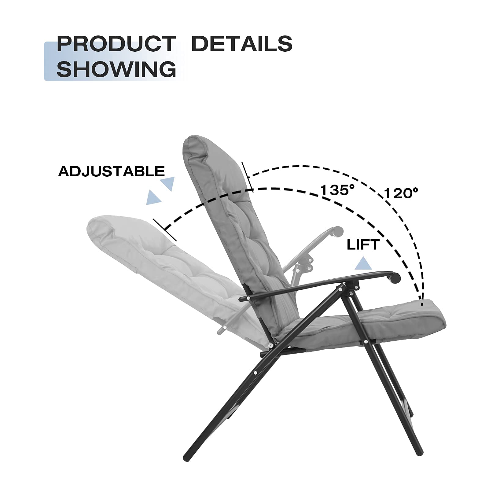 Omelaza 3 Pieces Patio Padded Folding Chair, Outdoor Adjustable Reclining Lounge Chairs with Tempered Glass Table (Grey)