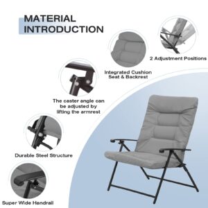 Omelaza 3 Pieces Patio Padded Folding Chair, Outdoor Adjustable Reclining Lounge Chairs with Tempered Glass Table (Grey)