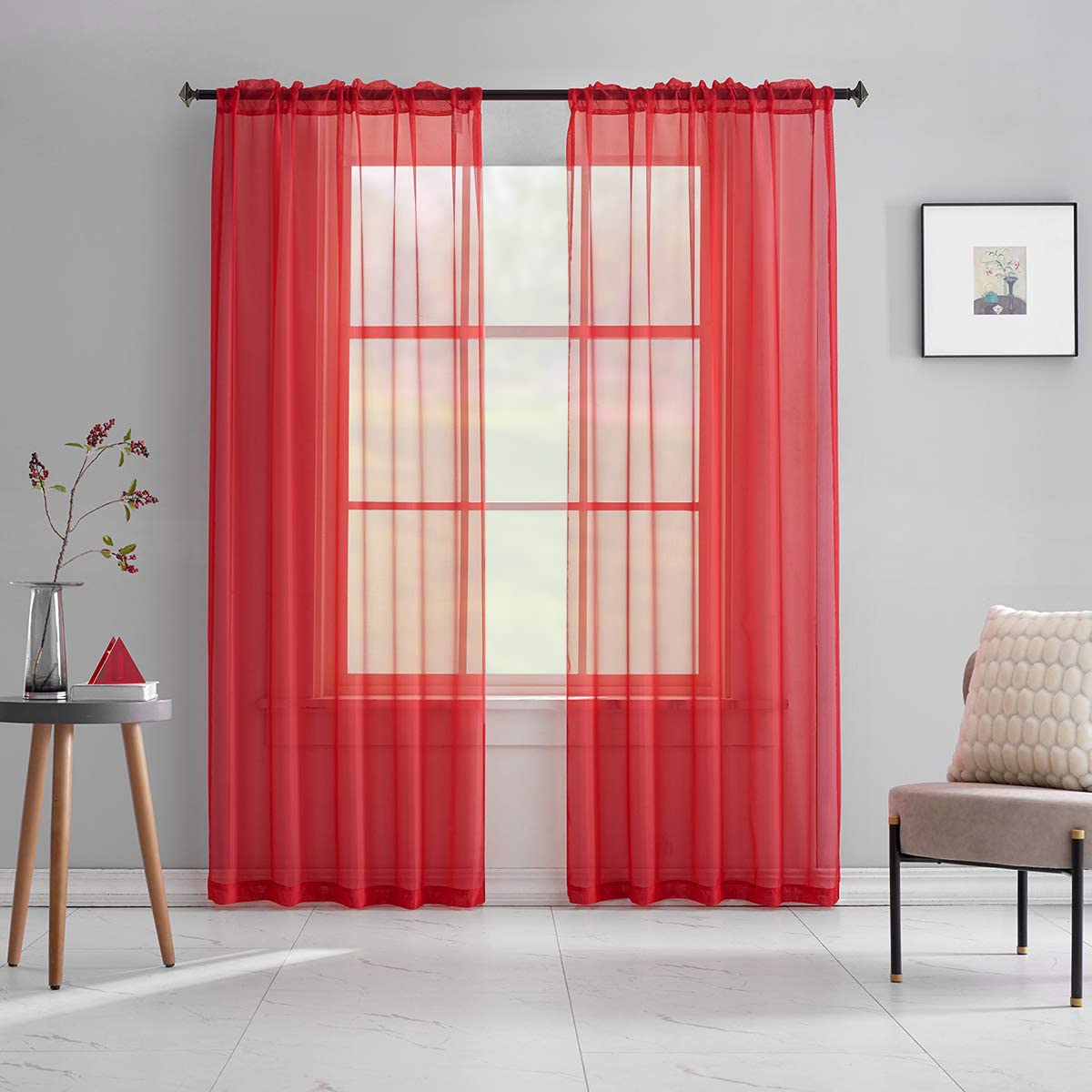 TOAVA DECO Red Curtains 108 Inches Long 2 Panels Rod Pocket Red Sheer Translucent Light Filtering Christmas Extal long for Bedroom Living Room 2 Panels 52x108