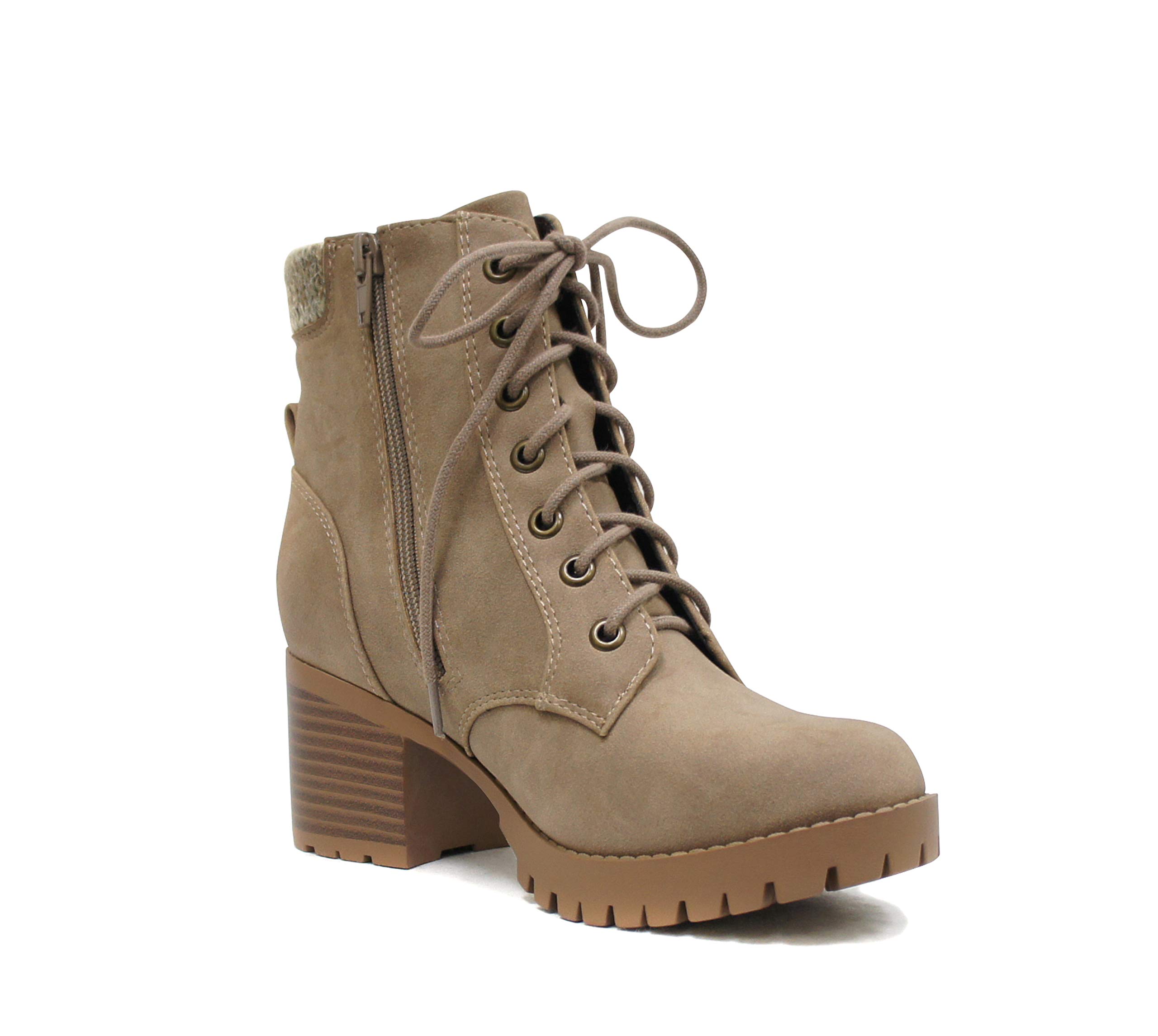 Soda Women's Casual Fashion Ankle-High Combat Bootie With Zipper and Chunky Block Heel in Light Taupe Size 8