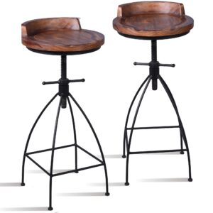 diwhy industrial vintage rustic bar stool,wooden top stool kitchen counter height adjustable,iron stoo,swivel stool,24 inch,low backrest,hump surface,fully welded set of 2 (brown wooden top)