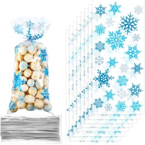 christmas cellophane bags winter snowflake holiday treat bags blue plastic candy goodie bags with twist ties for winter xmas wonderland birthday holiday party favors(100 counts)