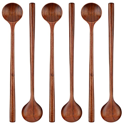 Patelai 6 Pcs 11 inch Long Spoons Wooden Long Handle Round Spoons Korean Style Soup Spoons for Soup Cooking Mixing Stirring Kitchen Tools Utensils