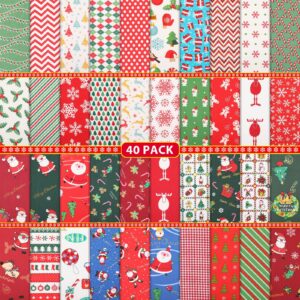 40 pieces christmas fabric quilting fabric squares fat quarters precut sewing fabric patchwork christmas tree snowflake printed fabric scraps for dress apron crafts, 10 x 10 inch/ 25 x 25 cm