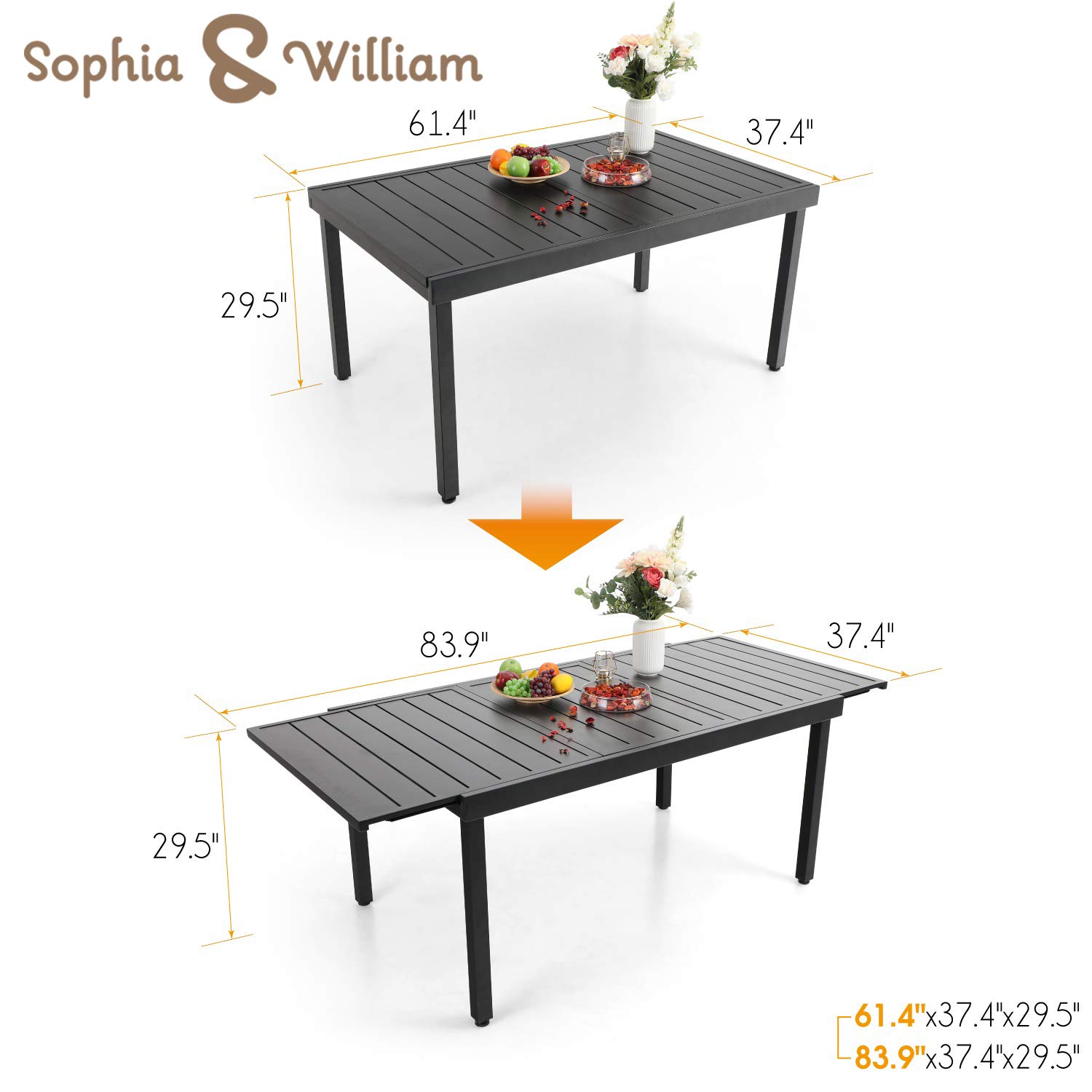 Sophia & William Black Expandable Patio Dining Tables Metal Outdoor Table for 6-8 Person Lawn Garden Bistro Rectangular Table