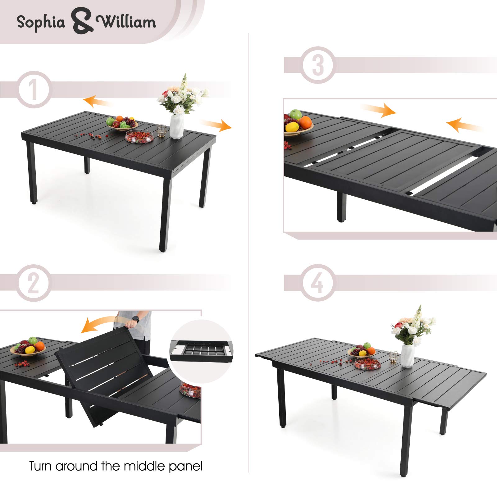 Sophia & William Black Expandable Patio Dining Tables Metal Outdoor Table for 6-8 Person Lawn Garden Bistro Rectangular Table