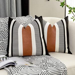 vfuty pack of 2 farmhouse throw pillow covers for couch sofa decorative faux leather square cushion cover tribal stripe accent pillow case 18 x 18 inch,black