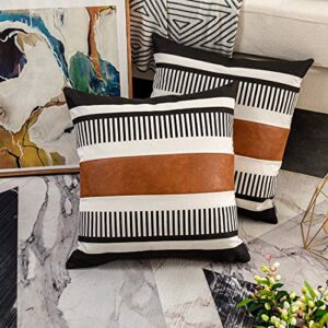 Vfuty Pack of 2 Farmhouse Throw Pillow Covers for Couch Sofa Decorative Faux Leather Square Cushion Cover Tribal Stripe Accent Pillow Case 18 x 18 Inch,Black