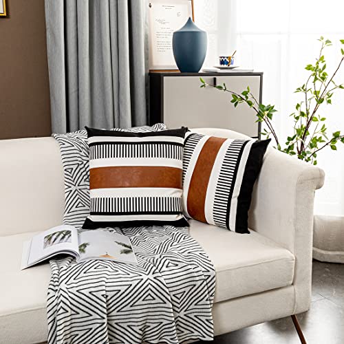 Vfuty Pack of 2 Farmhouse Throw Pillow Covers for Couch Sofa Decorative Faux Leather Square Cushion Cover Tribal Stripe Accent Pillow Case 18 x 18 Inch,Black