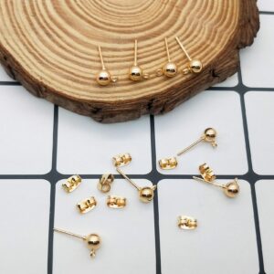 100pcs Ball Earring Studs with 100pcs Butterfly Earring Backs,KC Gold Round Ball Earring Hypoallergenic Ear Pins Spherical Earrings Earring Studs for Jewelry Making DIY Earring