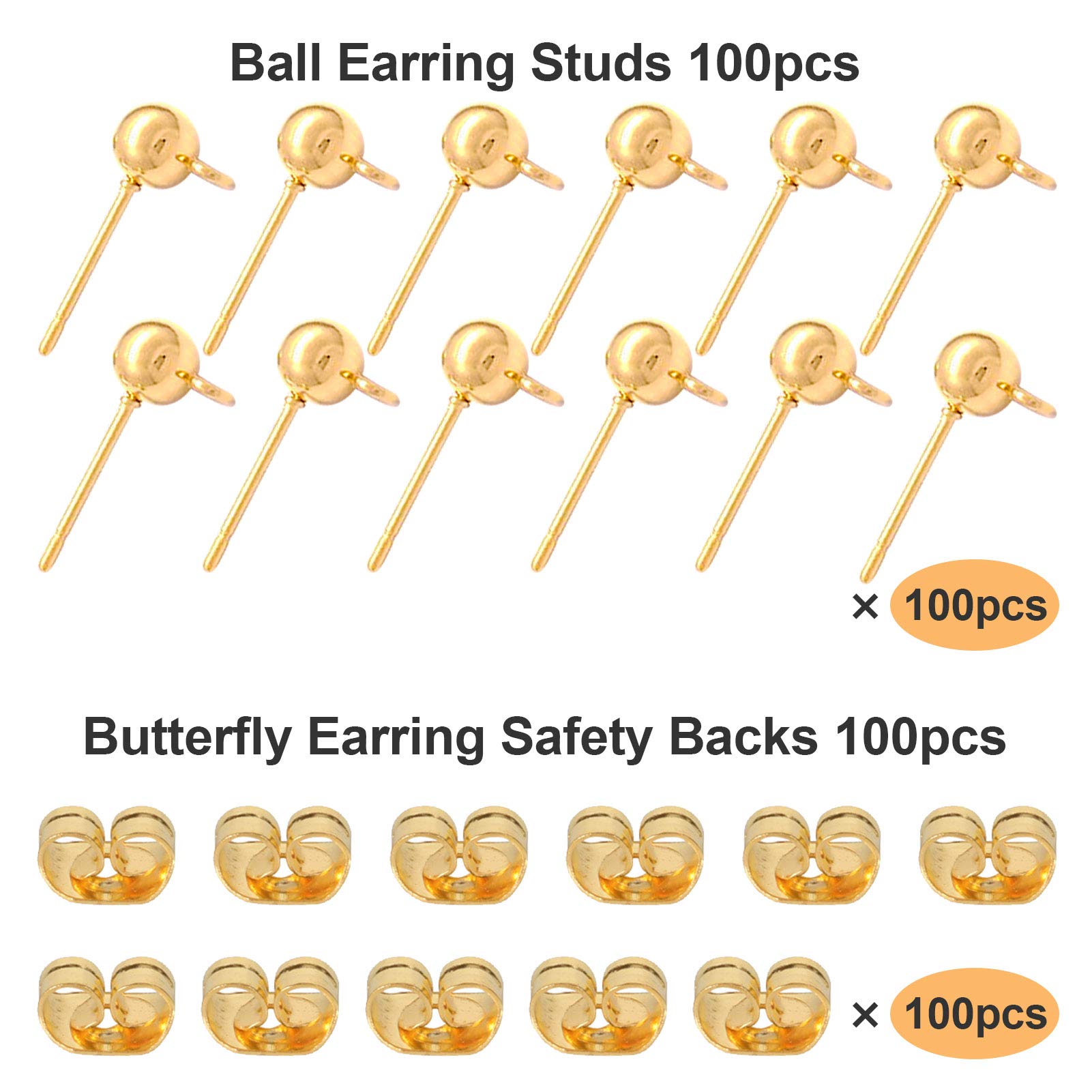 100pcs Ball Earring Studs with 100pcs Butterfly Earring Backs,KC Gold Round Ball Earring Hypoallergenic Ear Pins Spherical Earrings Earring Studs for Jewelry Making DIY Earring