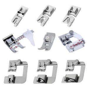 fbshicung 9pcs sewing machine feet set includes 3pcs narrow rolled hem presser feet,3pcs rolled hem pressure foot,zig zag presser foot,adjustable guide foot, bias binder foot for brother singer janome