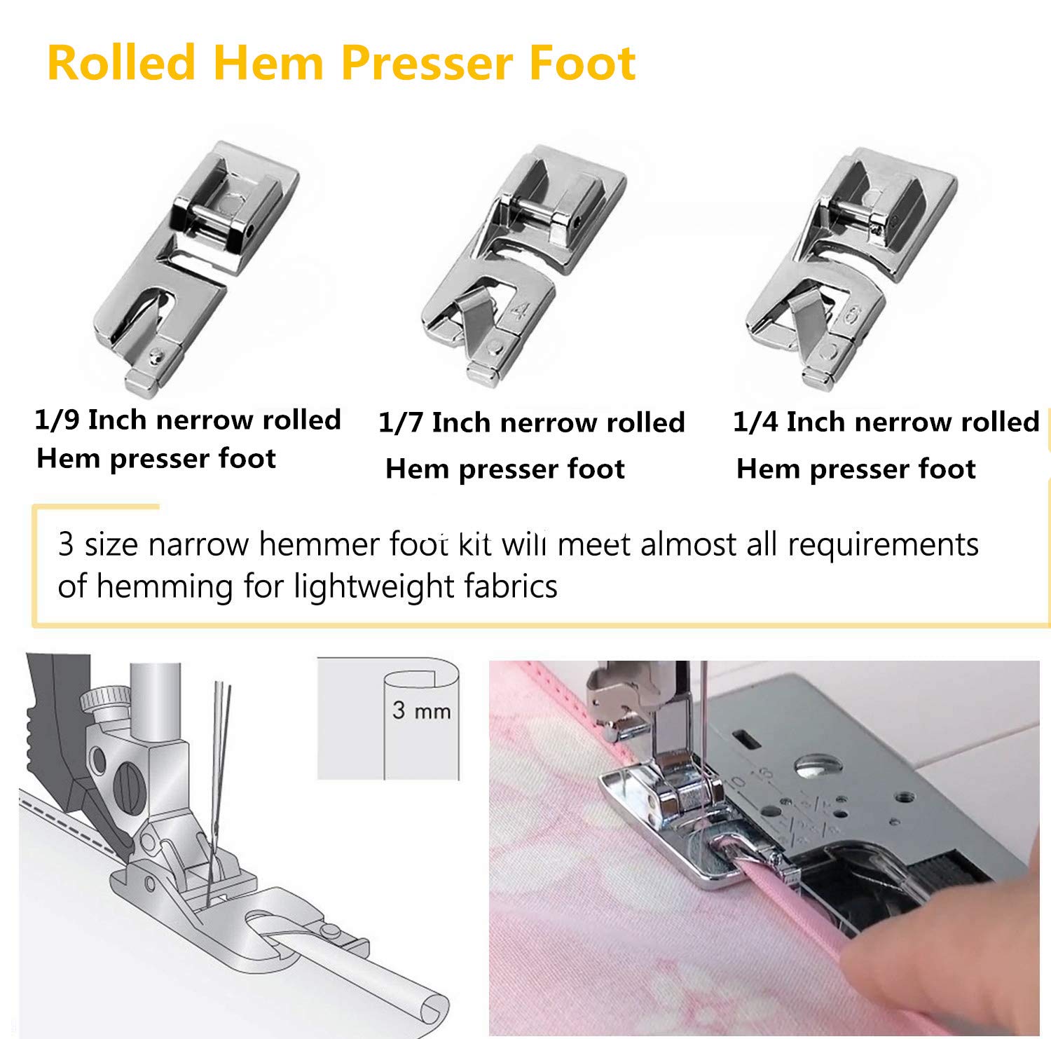 Fbshicung 9Pcs Sewing Machine Feet Set Includes 3pcs Narrow Rolled Hem Presser Feet,3Pcs Rolled Hem Pressure Foot,Zig Zag Presser Foot,Adjustable Guide Foot, Bias Binder Foot for Brother Singer Janome