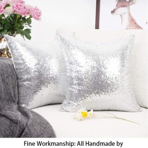 ShinyBeauty Throw Pillow Cases 2 Pack 12X12-Silver Sequin Pillow Cover Sofa Pillow Cases Sparkly Pillow Covers Designer Pillow Sequined Pillow Cover Decorative Pillows for Bed