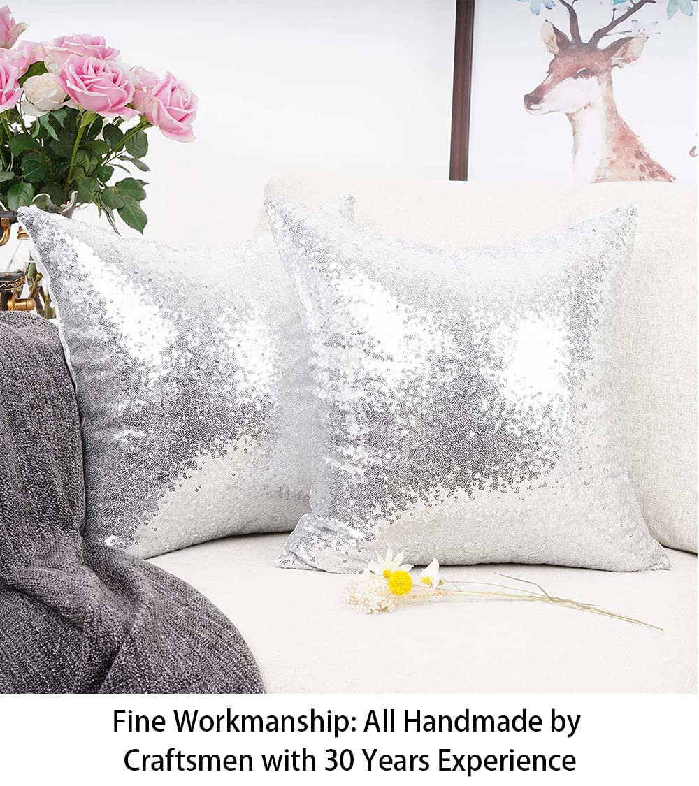 ShinyBeauty Throw Pillow Cases 2 Pack 12X12-Silver Sequin Pillow Cover Sofa Pillow Cases Sparkly Pillow Covers Designer Pillow Sequined Pillow Cover Decorative Pillows for Bed