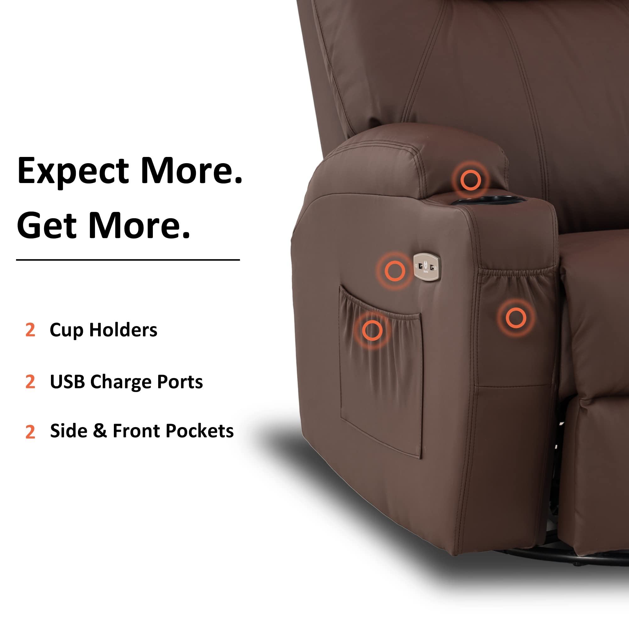 MCombo Manual Swivel Glider Rocker Recliner Chair with Massage and Heat for Adult, Cup Holders, USB Ports, 2 Side Pockets, Faux Leather 8031 (Light Brown)