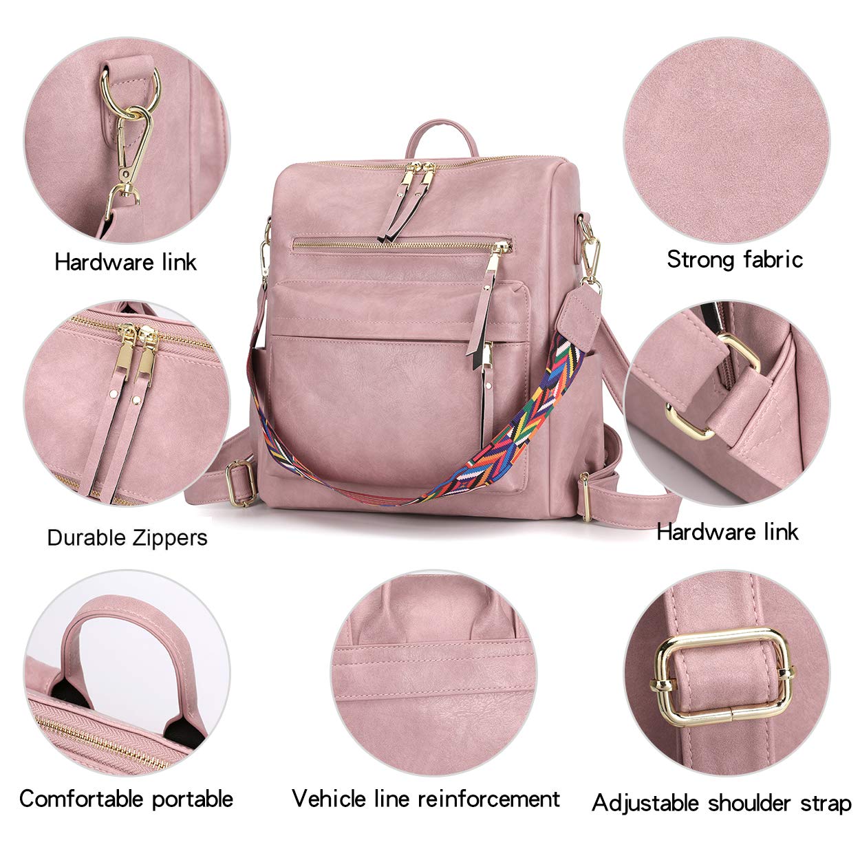 ZOCILOR Women's Fashion Backpack Purse Multipurpose Design Convertible Satchel Handbags and Shoulder Bag PU Leather Travel bag (Light Pink)