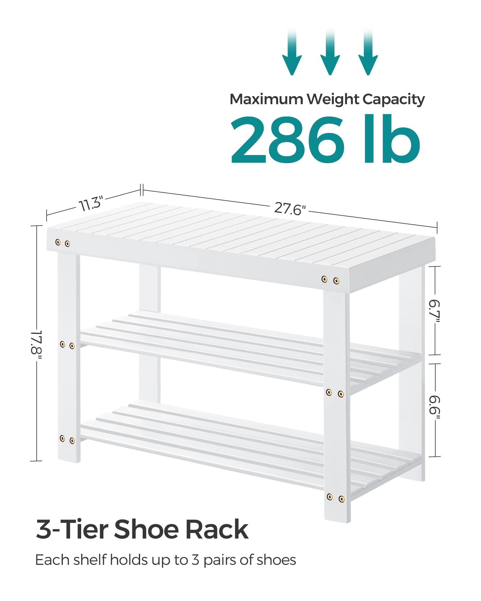 SONGMICS Shoe Rack Bench, 3-Tier Bamboo Shoe Storage Organizer, Entryway Bench, Holds Up to 286 lb, 11.3 x 27.6 x 17.8 Inches, for Entryway Bathroom Bedroom, White ULBS004W01