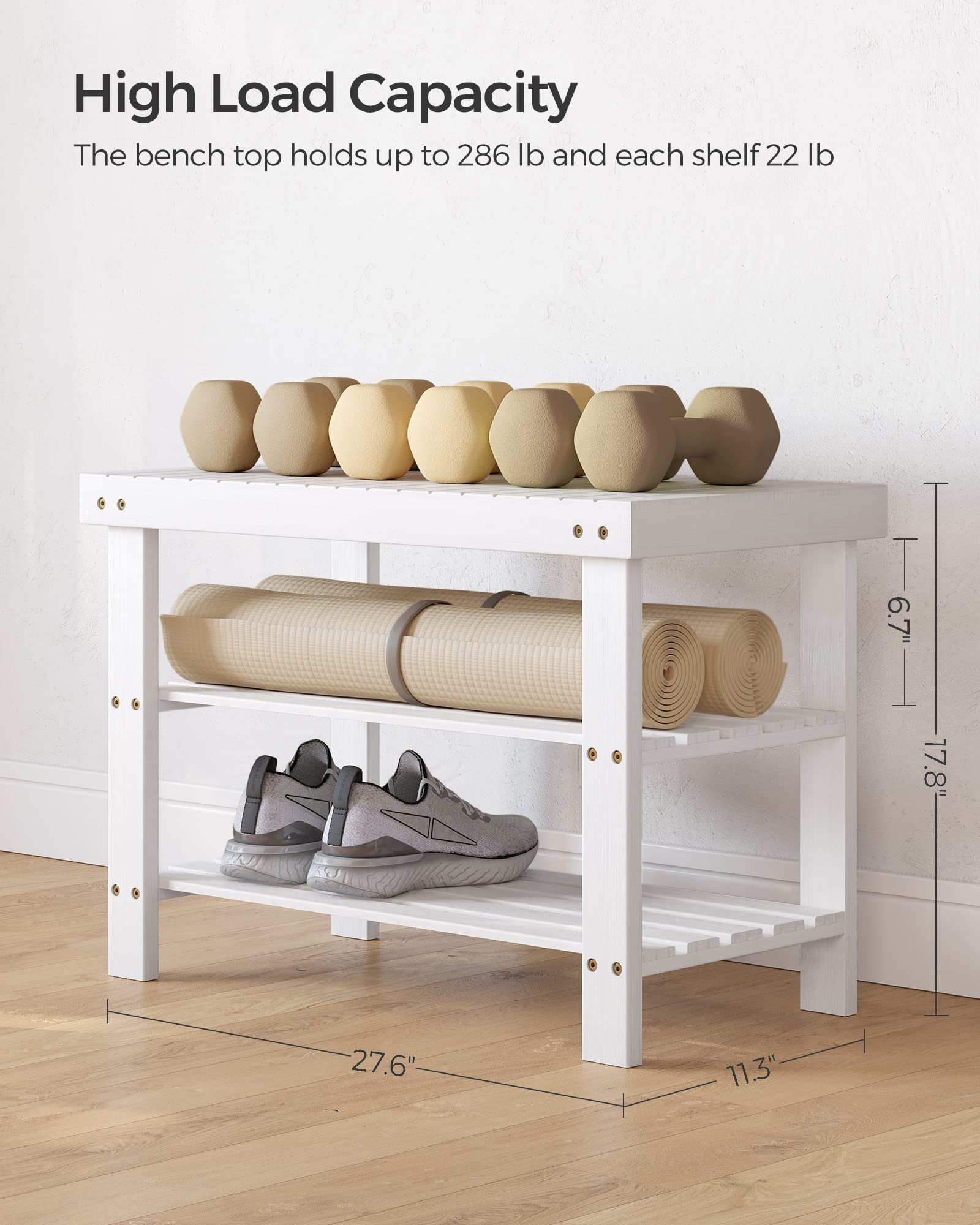 SONGMICS Shoe Rack Bench, 3-Tier Bamboo Shoe Storage Organizer, Entryway Bench, Holds Up to 286 lb, 11.3 x 27.6 x 17.8 Inches, for Entryway Bathroom Bedroom, White ULBS004W01