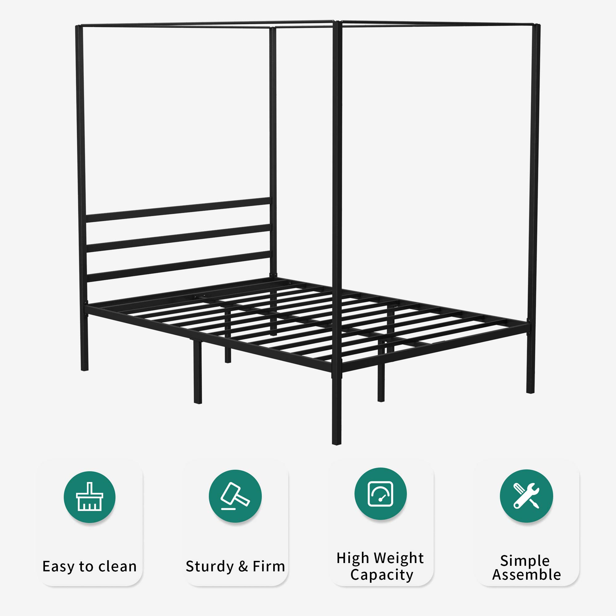 YITAHOME Metal Four Poster Canopy Bed Frame 14 Inch Platform with Built-in Headboard Strong Metal Slat Mattress Support, No Box Spring Needed, Black, King Size