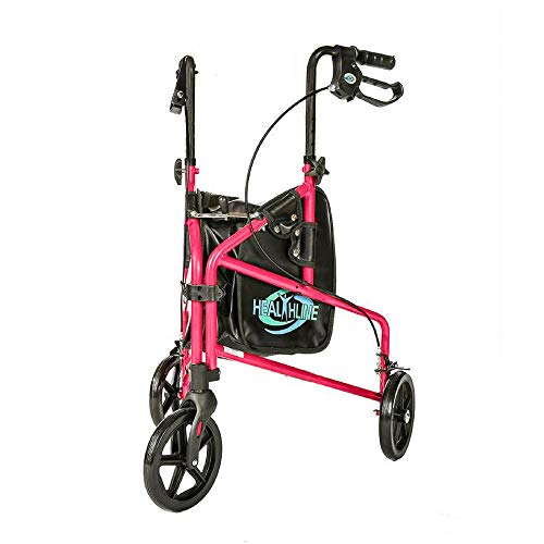 Rollator Walker Aluminum 3 Wheel for Seniors, Foldable Lightweight Three Wheel Walker Traveler Mobility Rollator 3 Wheels Walker with Basket Tray, Pouch, Brakes, Narrow Walker for Small Spaces (RED)