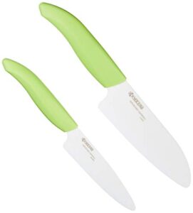 kyocera revolution 2-piece ceramic knife set: chef knife for your cooking needs, 5.5" santoku and 4.5" utility knife, white blades with green handles, white/green