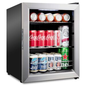 ivation 62 can beverage refrigerator, freestanding ultra cool mini fridge, beer, cocktails, soda, juice cooler for home & office, reversible glass door & adjustable shelving - stainless steel