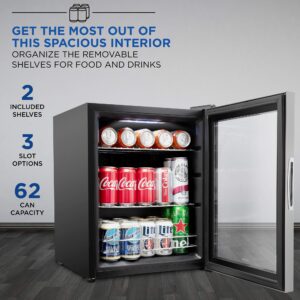 Ivation 62 Can Beverage Refrigerator, Freestanding Ultra Cool Mini Fridge, Beer, Cocktails, Soda, Juice Cooler for Home & Office, Reversible Glass Door & Adjustable Shelving - Stainless Steel