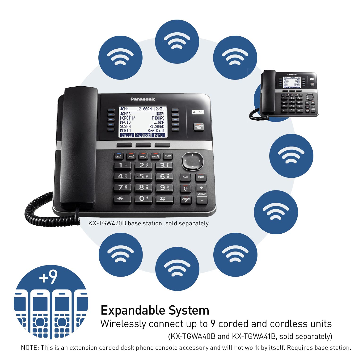 Panasonic Office Phone, Corded Extension Desk Phone Accessory to Connect Wirelessly to Expandable Base Station - KX-TGWA40B (Black)