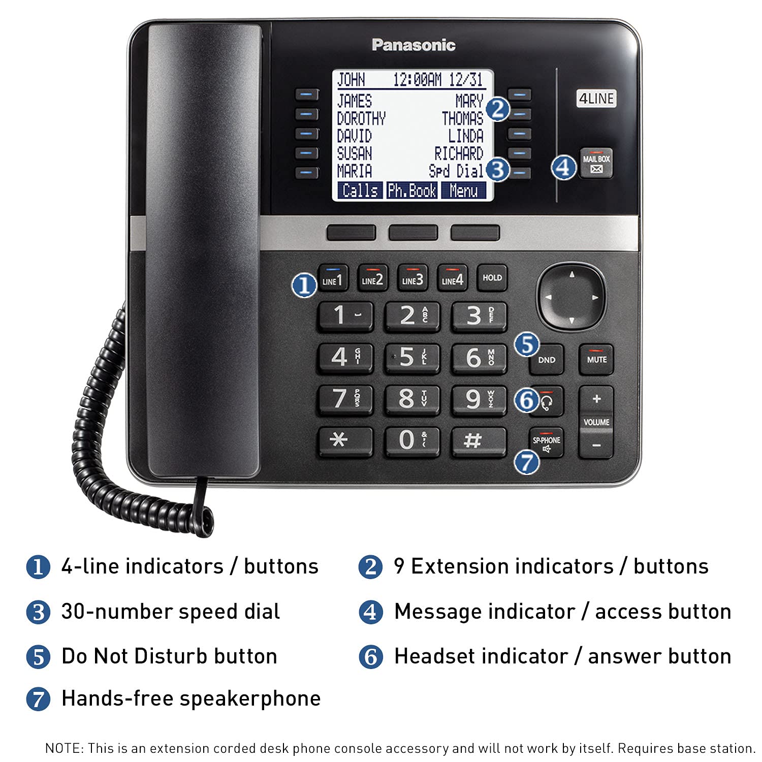 Panasonic Office Phone, Corded Extension Desk Phone Accessory to Connect Wirelessly to Expandable Base Station - KX-TGWA40B (Black)