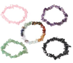 5 pcs natural gemstone chakra crystal healing chip stretch bracelets,gemstone polished irregular crystals stone reiki yoga chipped gravel bead jewelry accessories