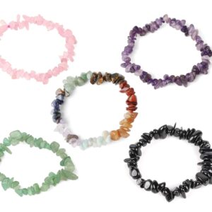 5 Pcs Natural Gemstone Chakra Crystal Healing Chip Stretch Bracelets,Gemstone Polished Irregular Crystals Stone Reiki Yoga Chipped Gravel Bead Jewelry Accessories