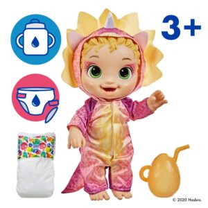 Baby Alive Dino Cuties Doll, Triceratops, Doll Accessories, Drinks, Wets, Triceratops Dinosaur Toy for Kids Ages 3 Years and Up, Blonde Hair