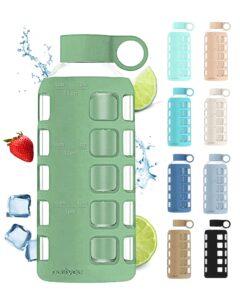 purifyou premium 40/32 / 22/12 oz glass water bottles with volume & times to drink, silicone sleeve & stainless steel lid insert, reusable bottle for fridge water, milk, juice (22oz shale green)